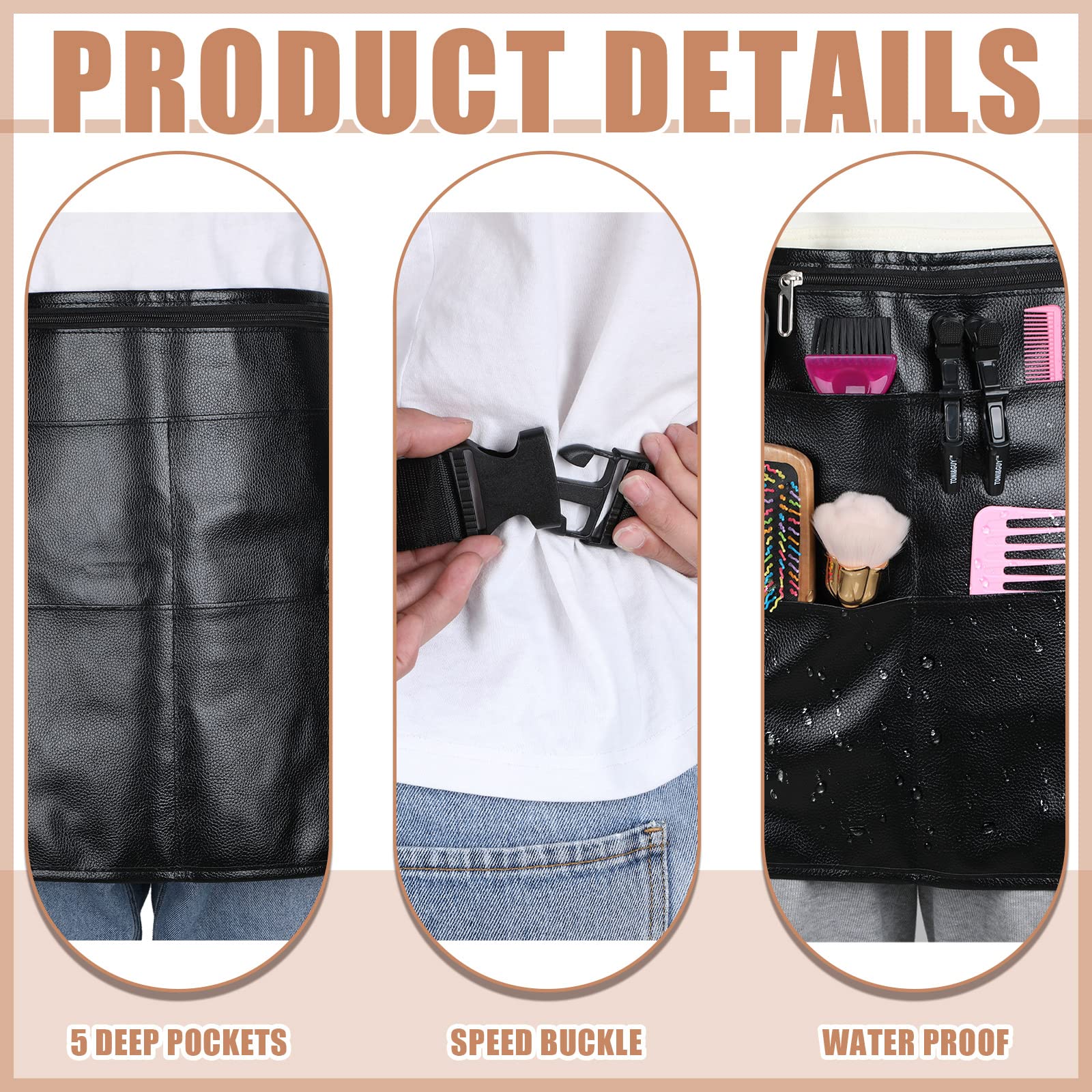 Hair Stylist Waist Bag, Waist Length Waterproof Hair Stylist Apron with 5 Pockets PU Leather Hipster Salon Belt Shears Pouch for Hair Cutting Clippers, Combs, Salon Tools, Makeup Tools