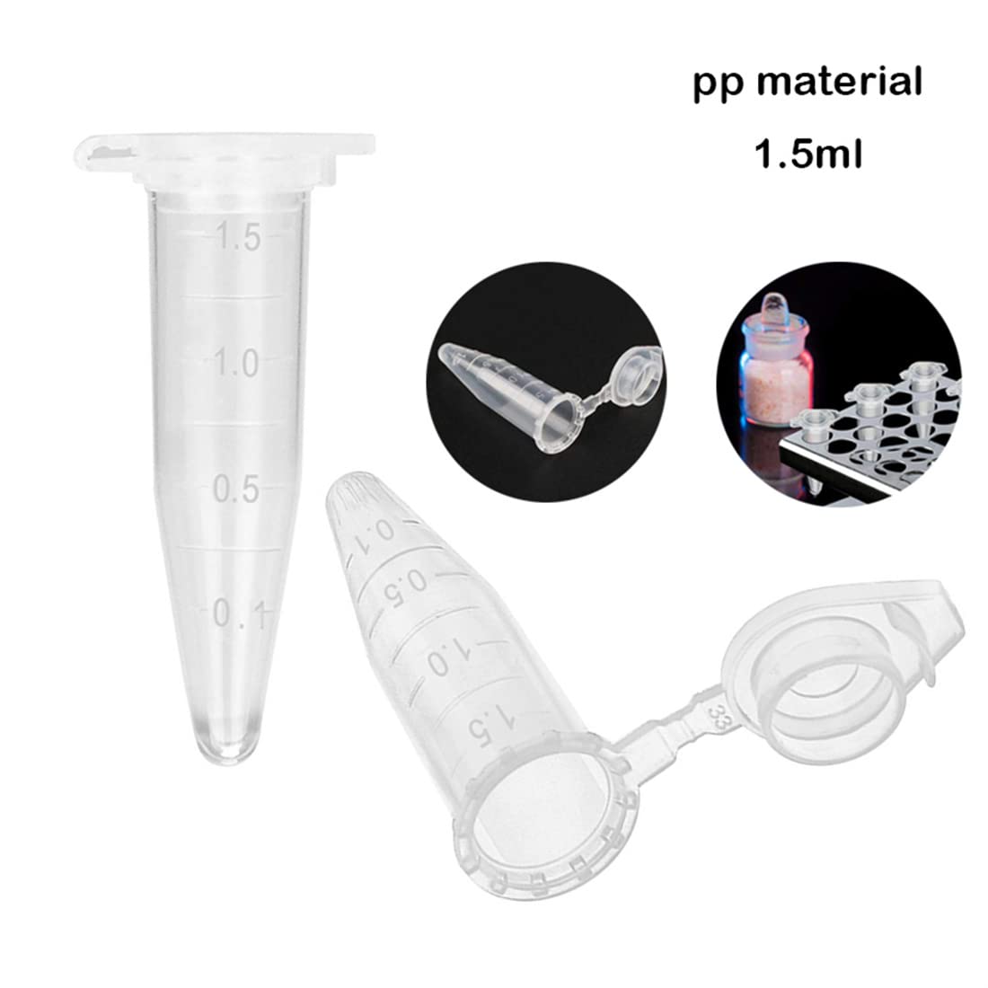 50Pcs 1.5ml Microcentrifuge Tube with Snap Cap, Clear Plastic Centrifuge Tubes Small Sample Bottle Mirco Test Tubes for Sample Storage Container