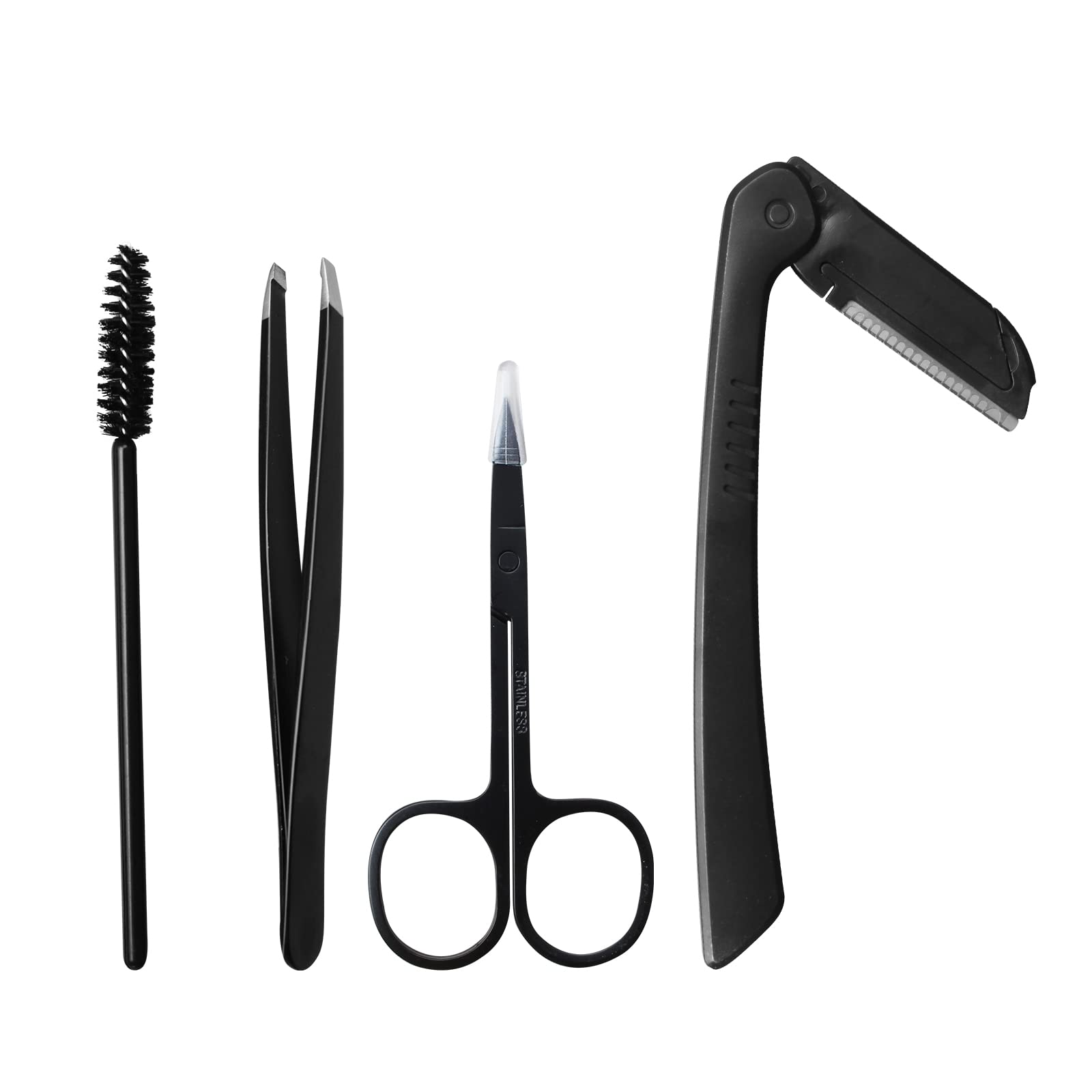 YEEPSYS 4 Pcs Eyebrow Tweezers Kit with Scissors, Eyelash Brush &Eyebrow Razor, Stainless Steel Tweezers for Women and Men Facial Hair, Beard, Brow