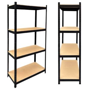 63" storage metal shelving unit, 4 tier heavy duty adjustable steel garage storage rack, bolt-free assembly multi-use utility shelf with durable mdf boards for office garage kitchen warehouse, black