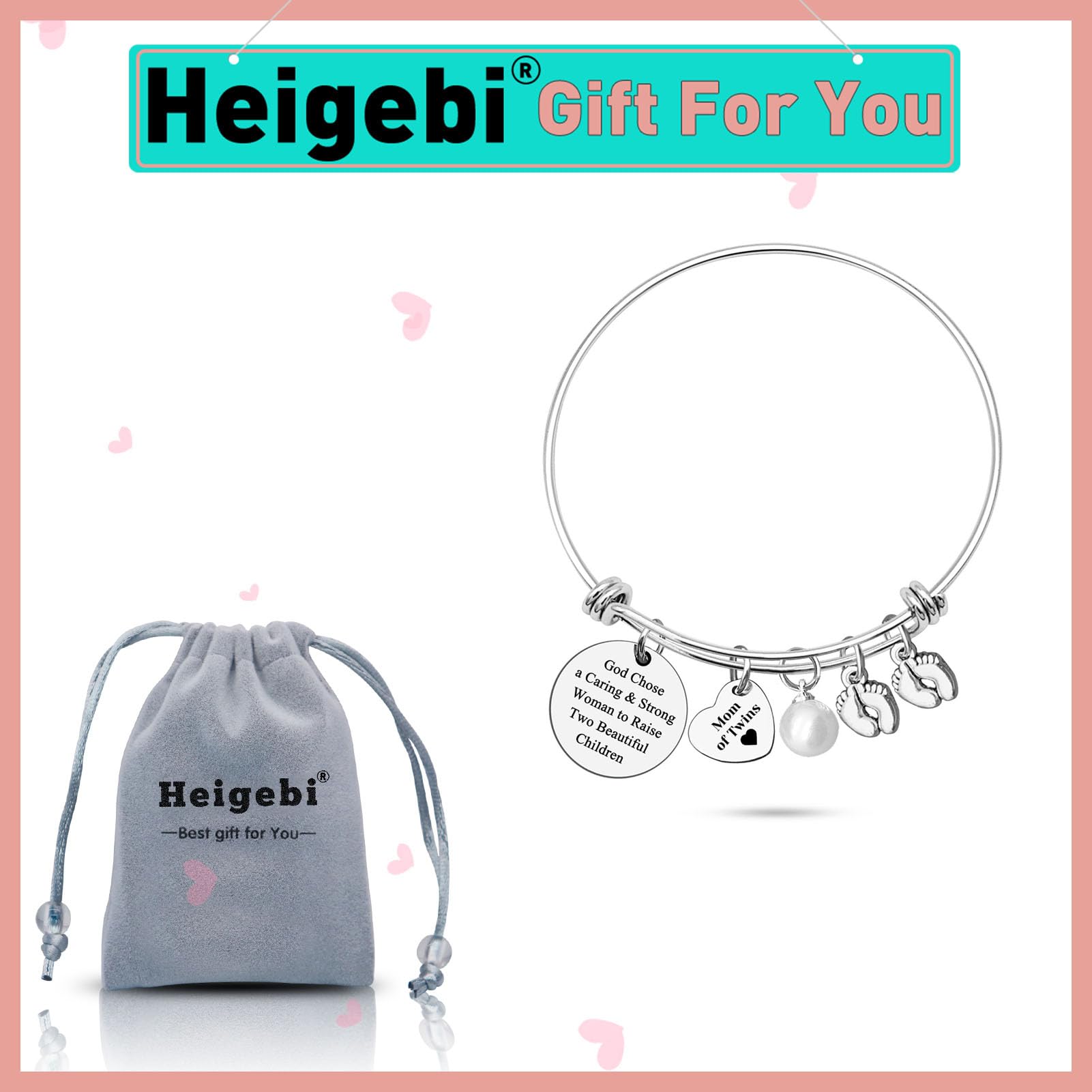 Heigebi Twin Mom Gift Mom Bracelets Twins Jewelry Gift New Mom Gift Mommy to Be Gift Announcement Gift for Wife from Husband New Mom Bracelets Mom Gift Mother's Day Gift Birthday Gift