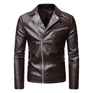 maiyifu-gj mens faux leather motorcycle jacket vintage asymmetric zip biker coat stylish lapel pu leather slim fit jacket (red wine,large)