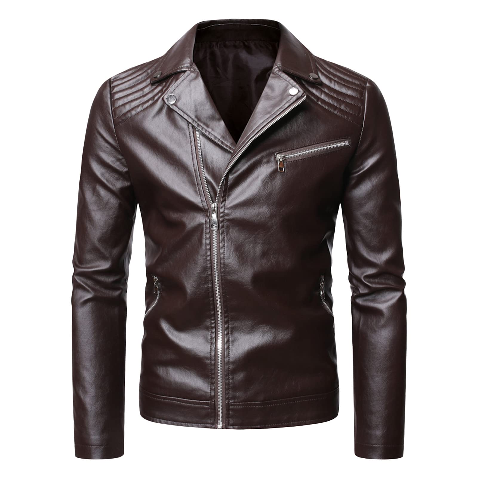 Maiyifu-GJ Mens Faux Leather Motorcycle Jacket Vintage Asymmetric Zip Biker Coat Stylish Lapel PU Leather Slim Fit Jacket (Red Wine,Large)