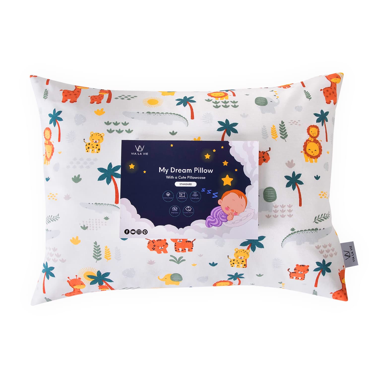 Via La Vie My Dream Pillow Small Toddler Pillow with Pillowcase - 100% Cotton Fabric with Polyester Fill Hypoallergenic Sleeping Pillow for Kids - Machine Washable, 13x18 Inches