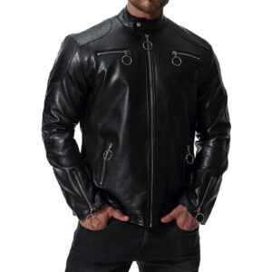 maiyifu-gj men's casual faux leather jacket stand collar retro motorcycle jacket long sleeve zip up coat with zipper pockets (black,large)