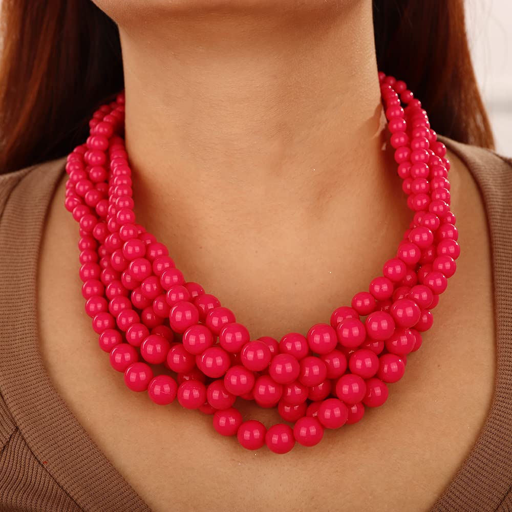 Wiwpar Simulated Pearl Cluster Chunky Pearl Bead Necklace Multi Strand Twisted Pink Pearl Statement Bib Collar Necklace Jewelry Pearl Necklace and Earring Set for Girls Prom (pink)