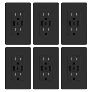 elegrp usb wall outlets, 3-ports usb c wall outlets receptacles, matte black 15 amp outlets with usb ports, tr tamper-resistant usb outlets, screwless wall plate included, ul & cul listed, 6 pack