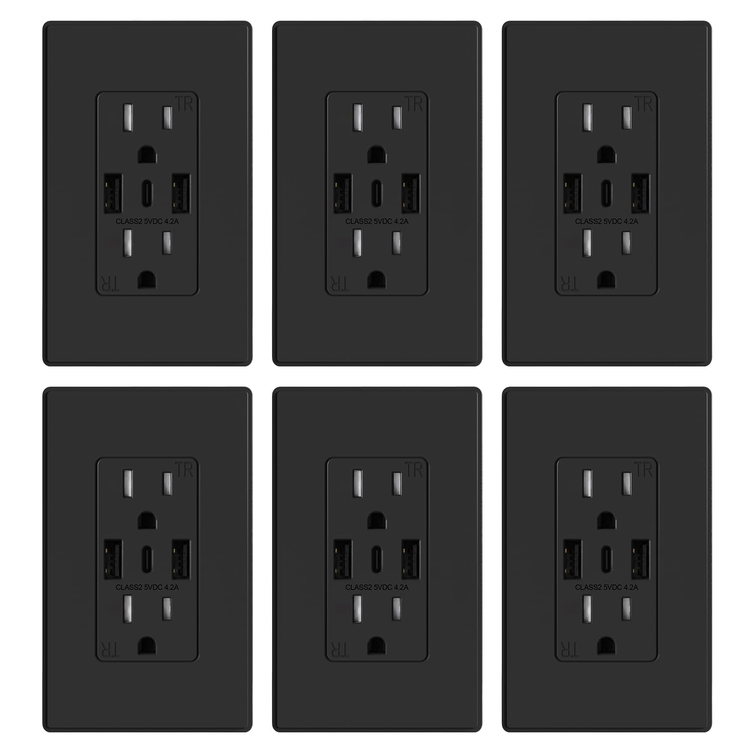 ELEGRP USB Wall Outlets, 3-Ports USB C Wall Outlets Receptacles, Matte Black 15 Amp Outlets with USB Ports, TR Tamper-Resistant USB Outlets, Screwless Wall Plate Included, UL & CUL Listed, 6 Pack