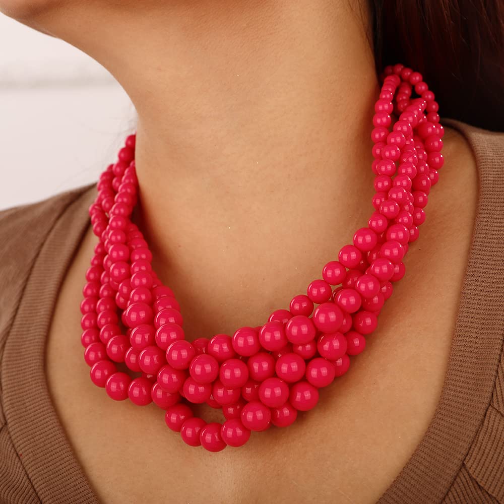 Wiwpar Simulated Pearl Cluster Chunky Pearl Bead Necklace Multi Strand Twisted Pink Pearl Statement Bib Collar Necklace Jewelry Pearl Necklace and Earring Set for Girls Prom (pink)