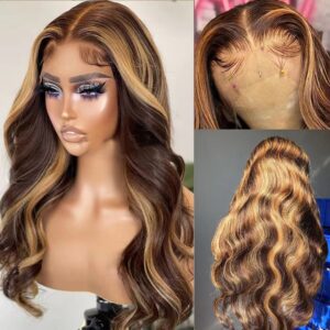 KeaBalo Highlight Ombre Lace Front Wigs Human Hair Pre Plucked with Baby Hair 13x4 Body Wave Frontal Wigs Human Hair 180% Density 4/27 Colored Honey Blonde Lace Front Wig for Women 22 Inch