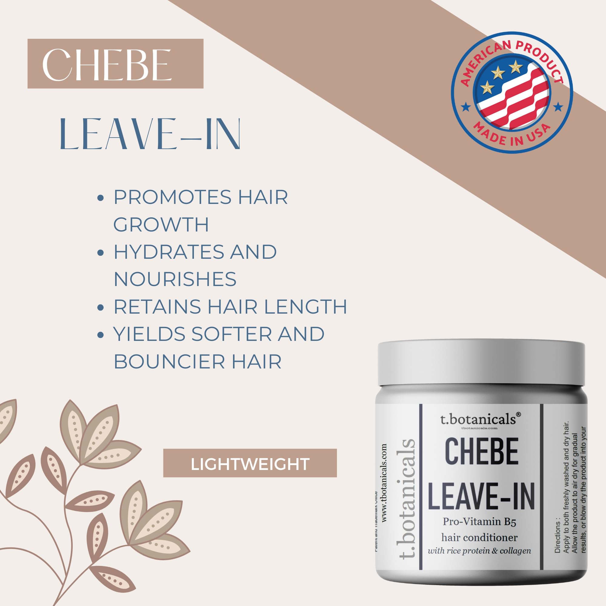 t.botanicals Chebe Leave In Conditioner Hair Growth with Provitamin B5, Thickening Strengthening Chebe Butter, Chebe Powder, Chebe Oil, Silk Amino Acids, Collagen (Citrus, 8 Ounce)