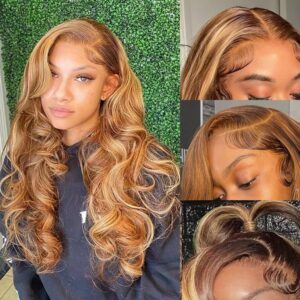 keabalo highlight ombre lace front wigs human hair pre plucked with baby hair 13x4 body wave frontal wigs human hair 180% density 4/27 colored honey blonde lace front wig for women 22 inch