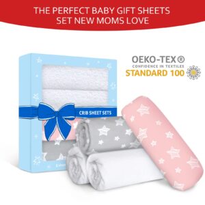 Crib Sheets & Waterproof Crib Mattress Protector for Boys 4 Pack Set, Viscose Made from Bamboo, Waterproof Crib Sheets Mattress Pad Cover, Grey & Pink