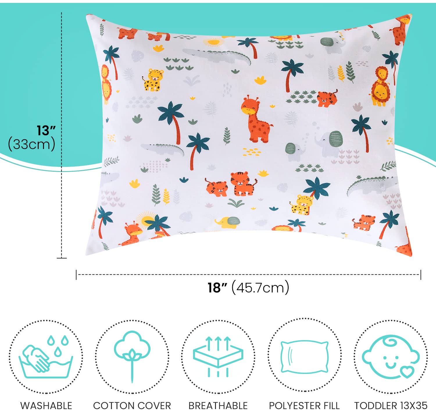 Via La Vie My Dream Pillow Small Toddler Pillow with Pillowcase - 100% Cotton Fabric with Polyester Fill Hypoallergenic Sleeping Pillow for Kids - Machine Washable, 13x18 Inches