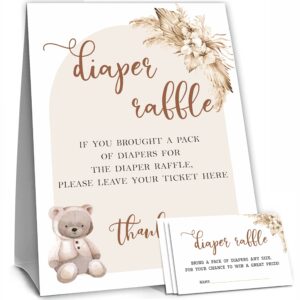 dyirbiiy bear diaper raffle shower game cards - boho pampas grass -1 self-standing diaper raffle sign and 50 diaper raffle tickets -(lblk-004)