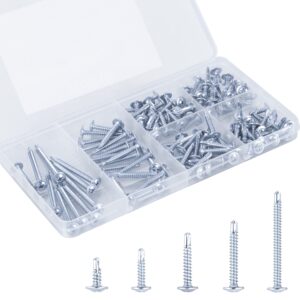 kurui self tapping screws assortment kit, #8 sheet metal screws for metal wood & plastic, 125pcs galvanized truss head self drilling screws in 5 sizes (1/2, 3/4, 1-1/4, 1in, 2in)