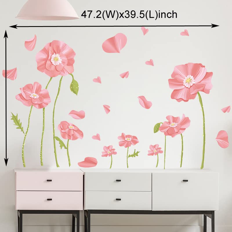 Pinenjoy Pink Flower Wall Decals Fresh Garden Floral Wall Sticker 47x29inch Removable Self-Adhesive Vinyl Wall Murals for Girls Bedroom Living Room TV Background Nursery Wall Art Decors