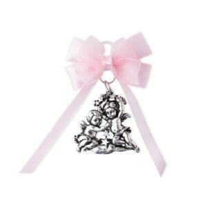 angel star catholic crib medal with satin ribbon. perfect baptism gifts for babies, christening gifts for babies, baby shower and baby nursery wall decor. (pink)