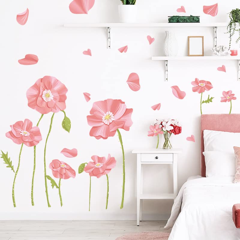 Pinenjoy Pink Flower Wall Decals Fresh Garden Floral Wall Sticker 47x29inch Removable Self-Adhesive Vinyl Wall Murals for Girls Bedroom Living Room TV Background Nursery Wall Art Decors