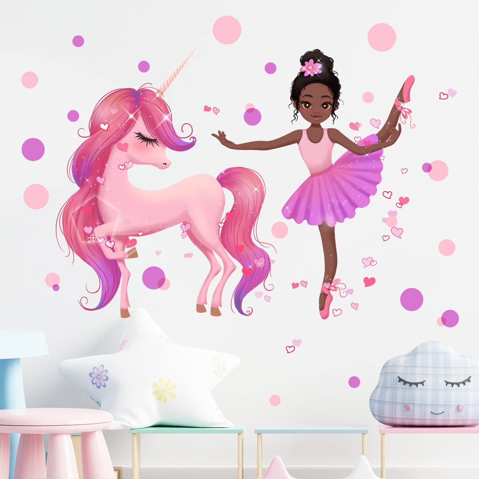 RoyoLam Black Ballet Girl with Unicorn Wall Decals Nursery Preschool Wall Stickers for Kid Baby Girl Removable Peel and Stick Waterproof Wall Art Decor Stickers for Living Room Bedroom Bathroom