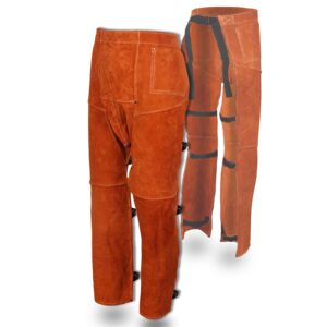 qeelink welding pants - heat & flame resistant split cowhide leather safety chaps leg protection for men and women, adjustable m to xxxl (regular 34-inch)