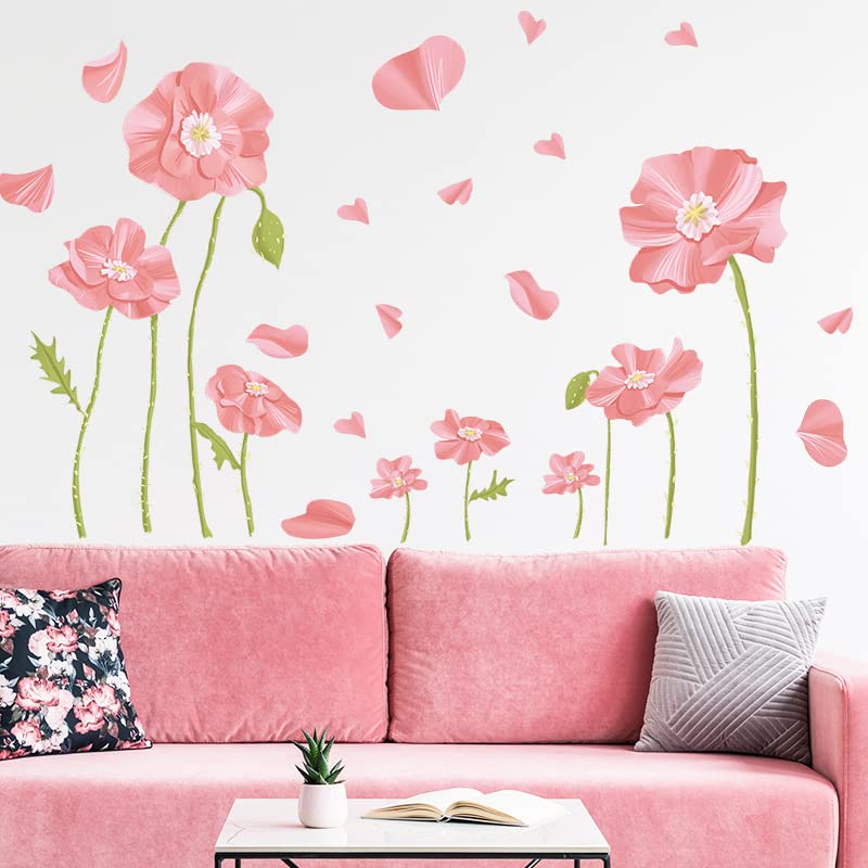 Pinenjoy Pink Flower Wall Decals Fresh Garden Floral Wall Sticker 47x29inch Removable Self-Adhesive Vinyl Wall Murals for Girls Bedroom Living Room TV Background Nursery Wall Art Decors