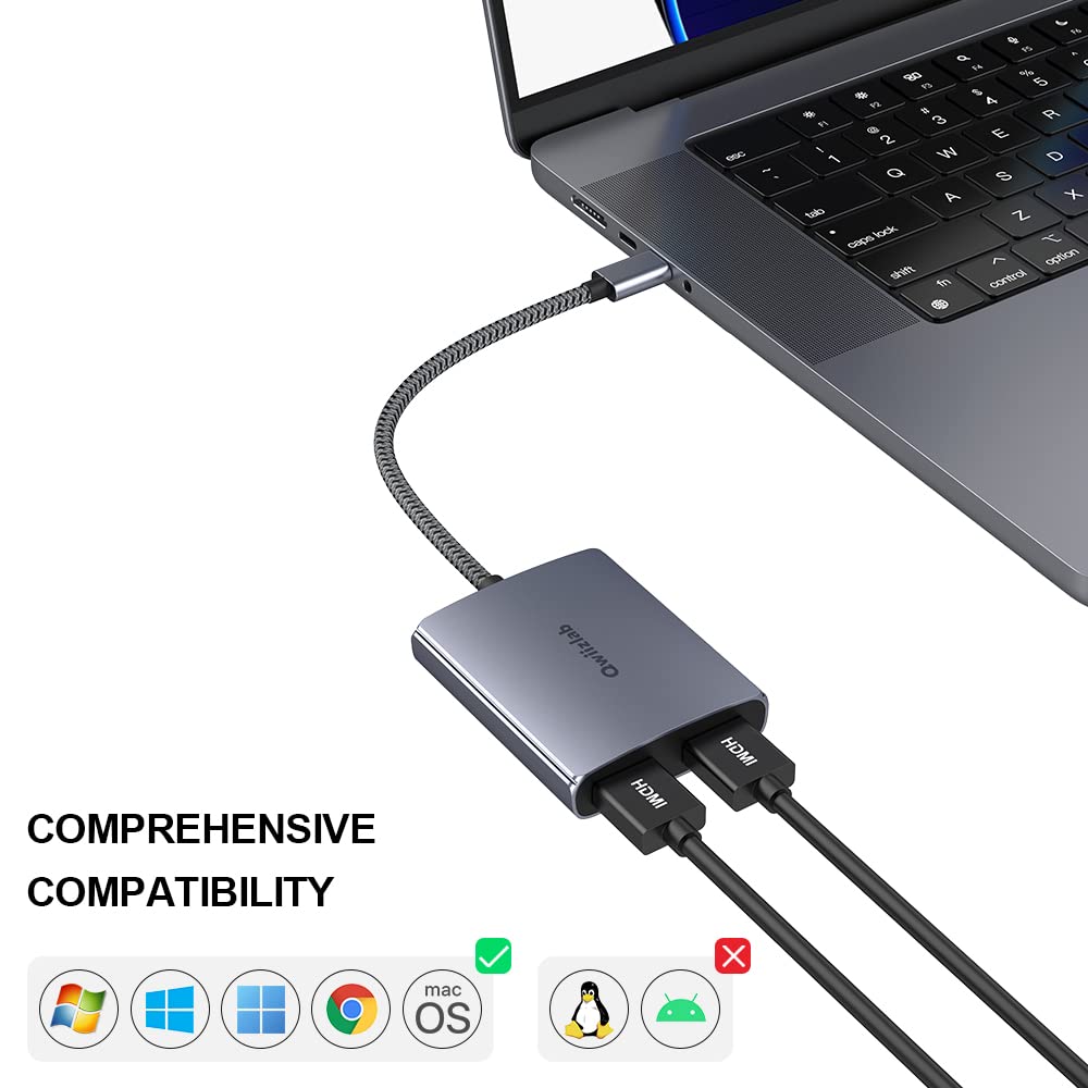 Qwiizlab USB C to Dual HDMI Adapter for Windows & Mac, Two Monitors Output (1x 8K@30Hz, 1x 4K@60Hz), Supports DisplayPort Alt Mode for Multi-Stream Transport