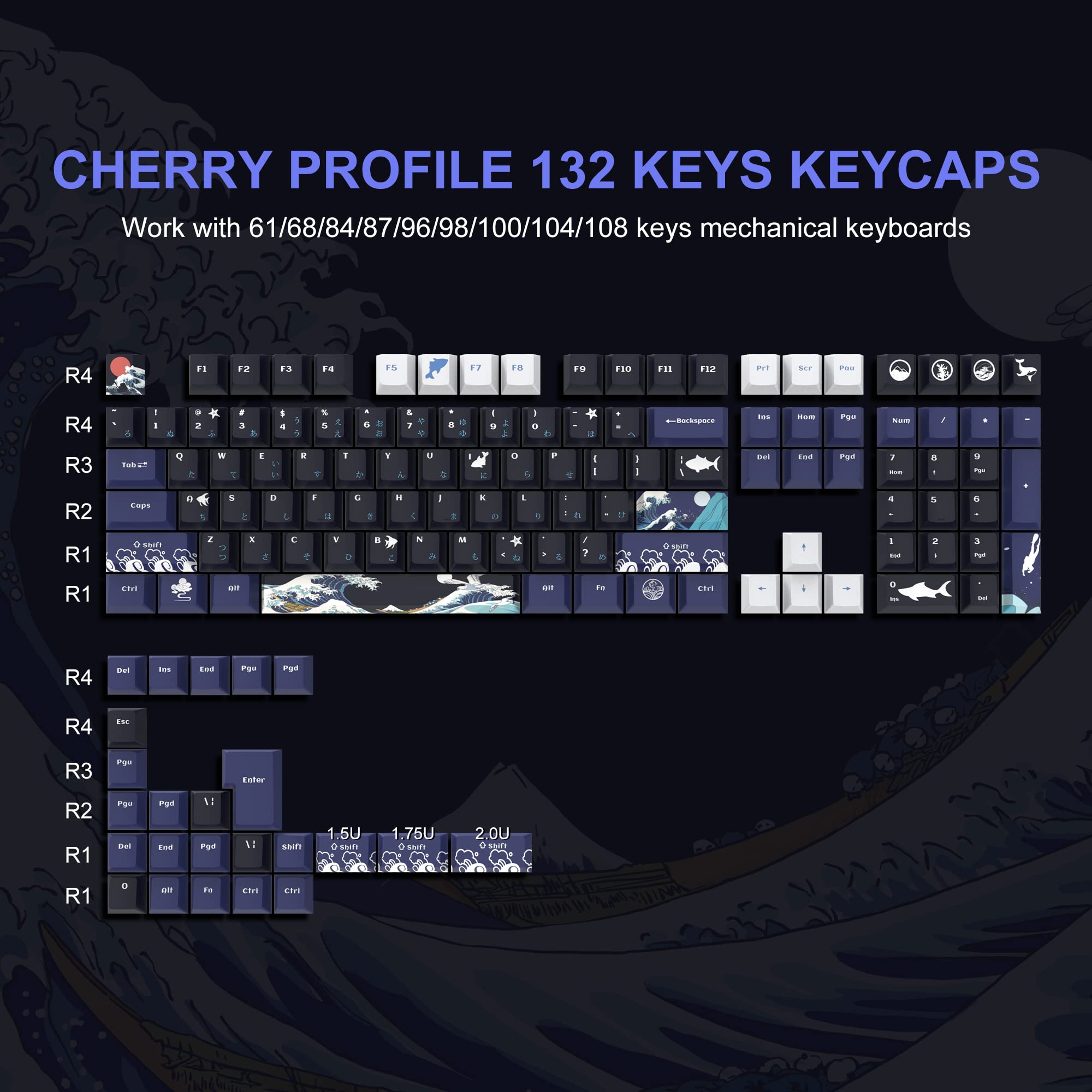 XVX PBT Keycaps 132 Keys, Great Wave Off Kanagawa Japanese Keyboard Keycaps, 5 Side DYE-Sub Custom Keycap Set, Cherry Profile Keycaps for Cherry Gateron MX Switches Mechanical Keyboard