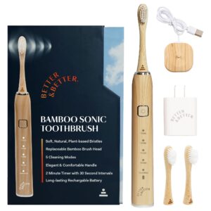 better & better sonic bamboo electric toothbrush for adults | rechargeable electric bamboo toothbrush w/plant-based bristles | soft bamboo brush heads incl. | 5 cleaning modes & long-lasting battery