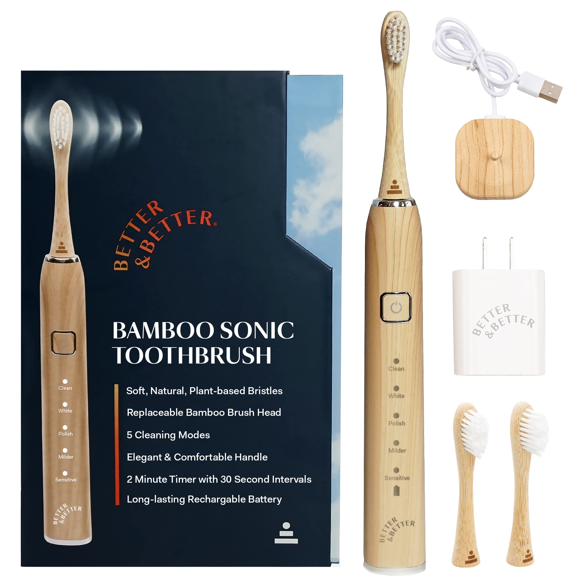 Better & Better Sonic Bamboo Electric Toothbrush for Adults | Rechargeable Electric Bamboo Toothbrush w/Plant-Based Bristles | Soft Bamboo Brush Heads incl. | 5 Cleaning Modes & Long-Lasting Battery