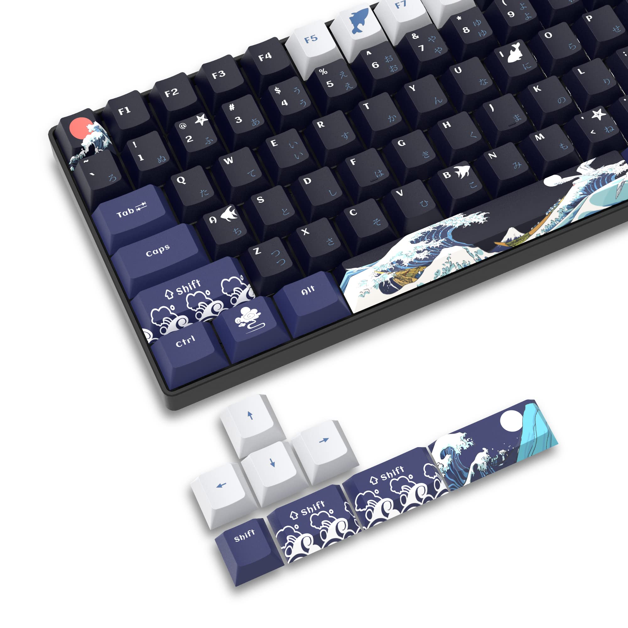 XVX PBT Keycaps 132 Keys, Great Wave Off Kanagawa Japanese Keyboard Keycaps, 5 Side DYE-Sub Custom Keycap Set, Cherry Profile Keycaps for Cherry Gateron MX Switches Mechanical Keyboard