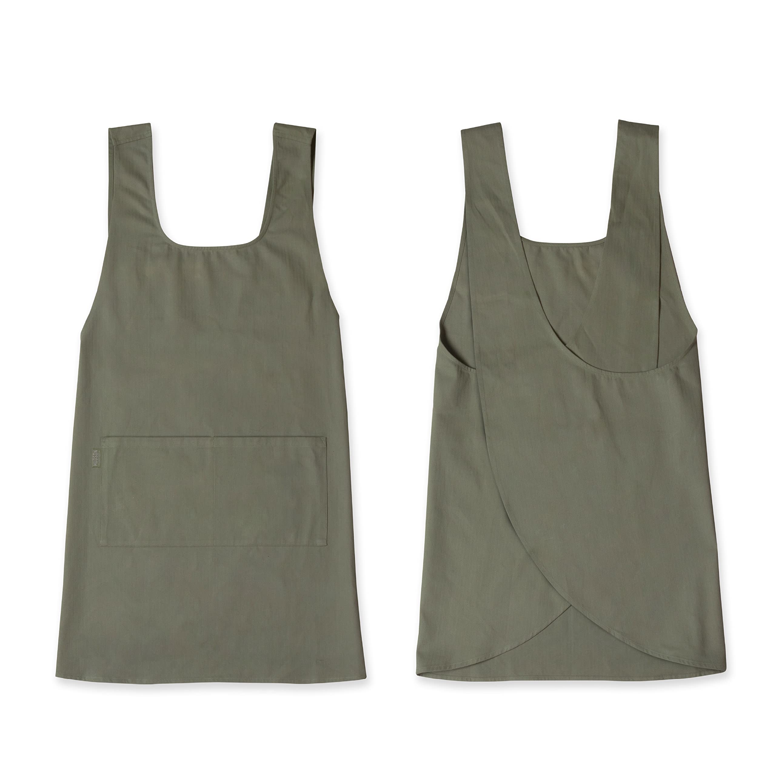 Hudson Durable Goods Cotton Cross Back Apron for Women - Seamless Crossover Style Smock Apron for Cooking, Crafting, Gardening, and More - 36” Full Length Pinafore Work Apron with Pockets (Sage)