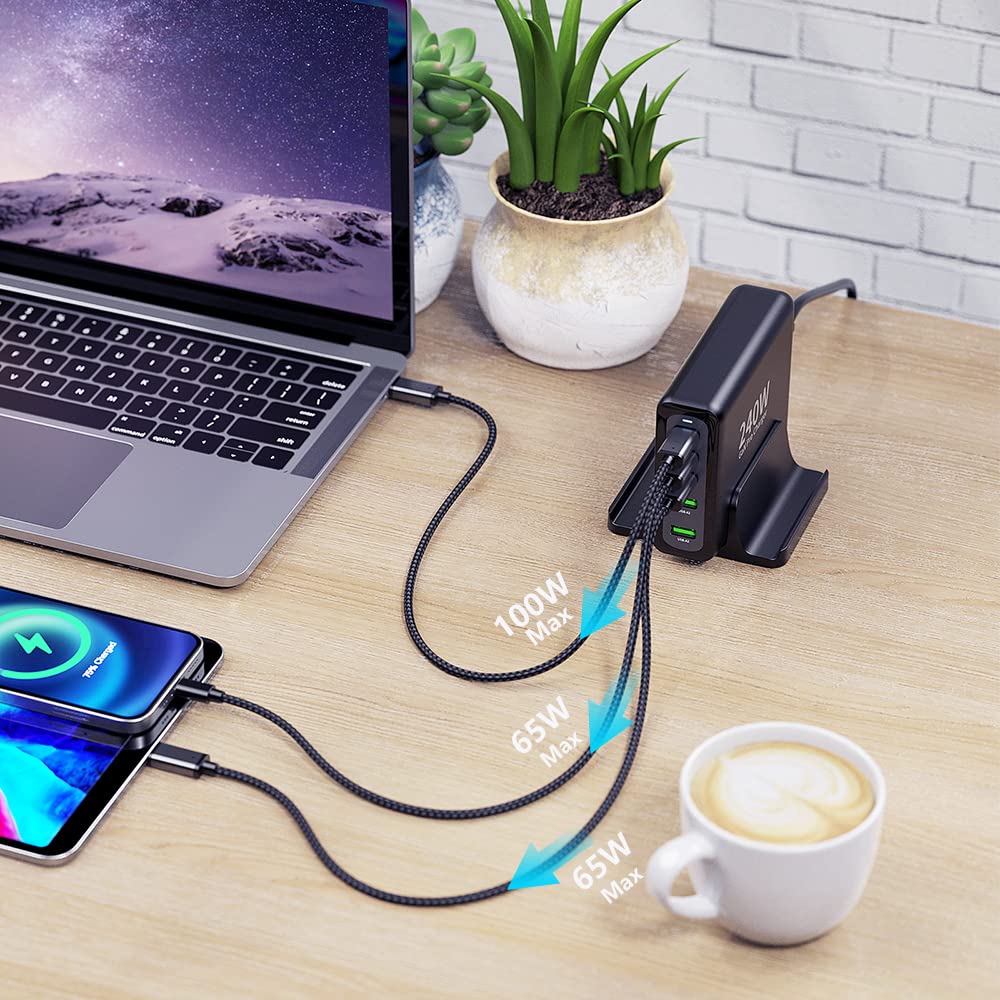 240W USB C Charger Station, Aftertop 5-Ports 200W PD 100W PPS 45W QC30W Laptop GaN Power Adapter for MacBook Pro/Air iPad iPhone 15 14 Plus 13 12 Pro Max Samsung Galaxy S23/S22 Pixel and More