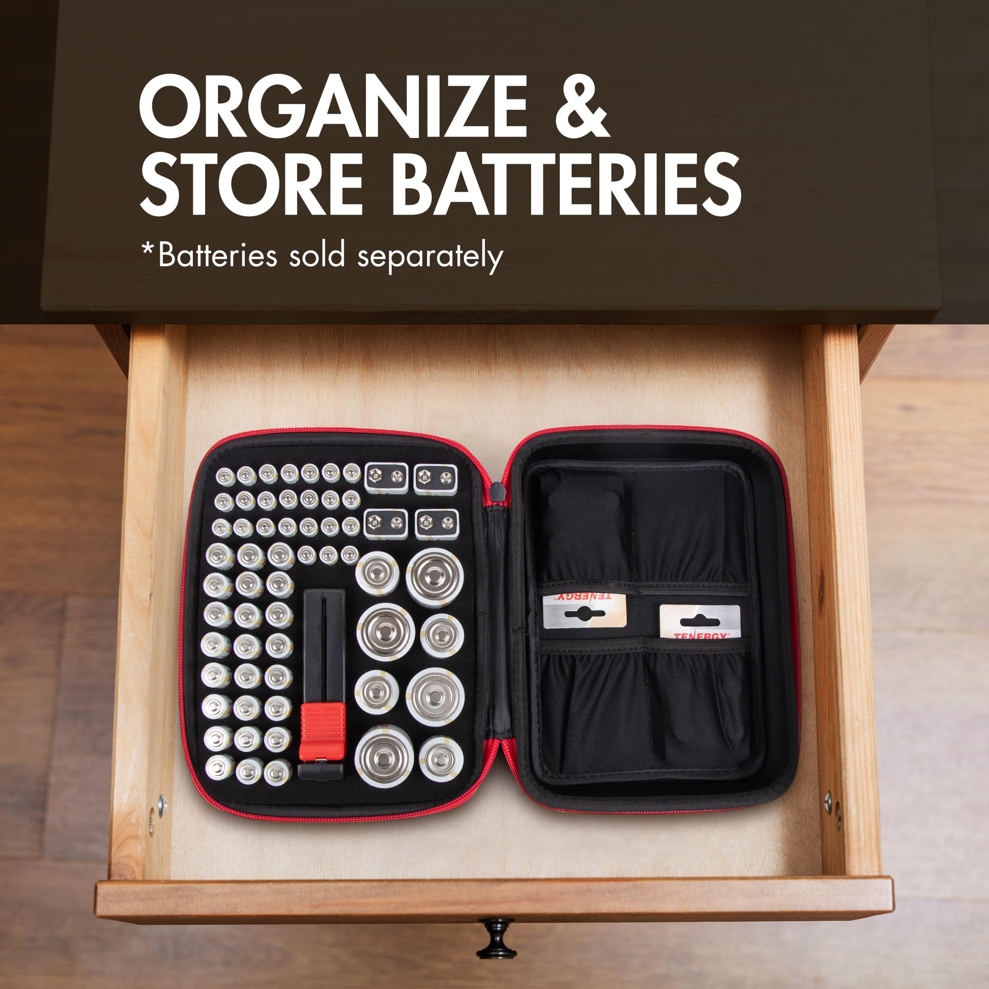 Tenergy Battery Organizer Storage Case with Battery Tester, Holds 60 Batteries AA AAA C D 9V (Batteries not Included)