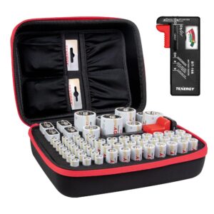 tenergy battery organizer storage case with battery tester, holds 60 batteries aa aaa c d 9v (batteries not included)