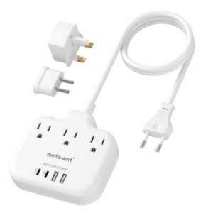 european travel plug adapter, us to european plug adapter with 3 american outlets & 4 usb, 3ft european power cord, international travel power strip, type c for europe eu germany france, travel, white