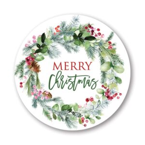 2" round greenery wreath merry christmas stickers (40 labels)