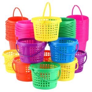 100 pcs plastic easter baskets bulk mini colorful easter baskets with handles round easter basket for easter party egg hunts small easter bucket for easter eggs party favor for kids baby toddler