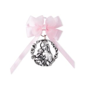 the holy virgin mary and her son, jesus catholic crib medal with satin ribbon. perfect baptism gifts for babies, christening gifts for babies, baby shower and baby nursery wall decor. (rose)