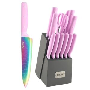 hecef 14 pieces knife set with block, rainbow titanium knives set with laser pattern, martensitic stainless steel chef knife set with sharpener, steak knife, scissors, mothers day gift