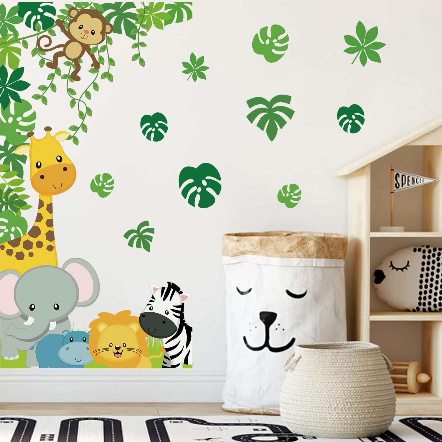 Supzone Jungle Animal Wall Decals Green Palm Leaf Wall Stickers Cartoon Elephant Giraffe Monkey Wall Art Sticker for Kids Baby Nursery Playroom Bedroom Girls Boy Room Wall Decor