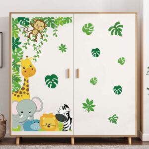 Supzone Jungle Animal Wall Decals Green Palm Leaf Wall Stickers Cartoon Elephant Giraffe Monkey Wall Art Sticker for Kids Baby Nursery Playroom Bedroom Girls Boy Room Wall Decor