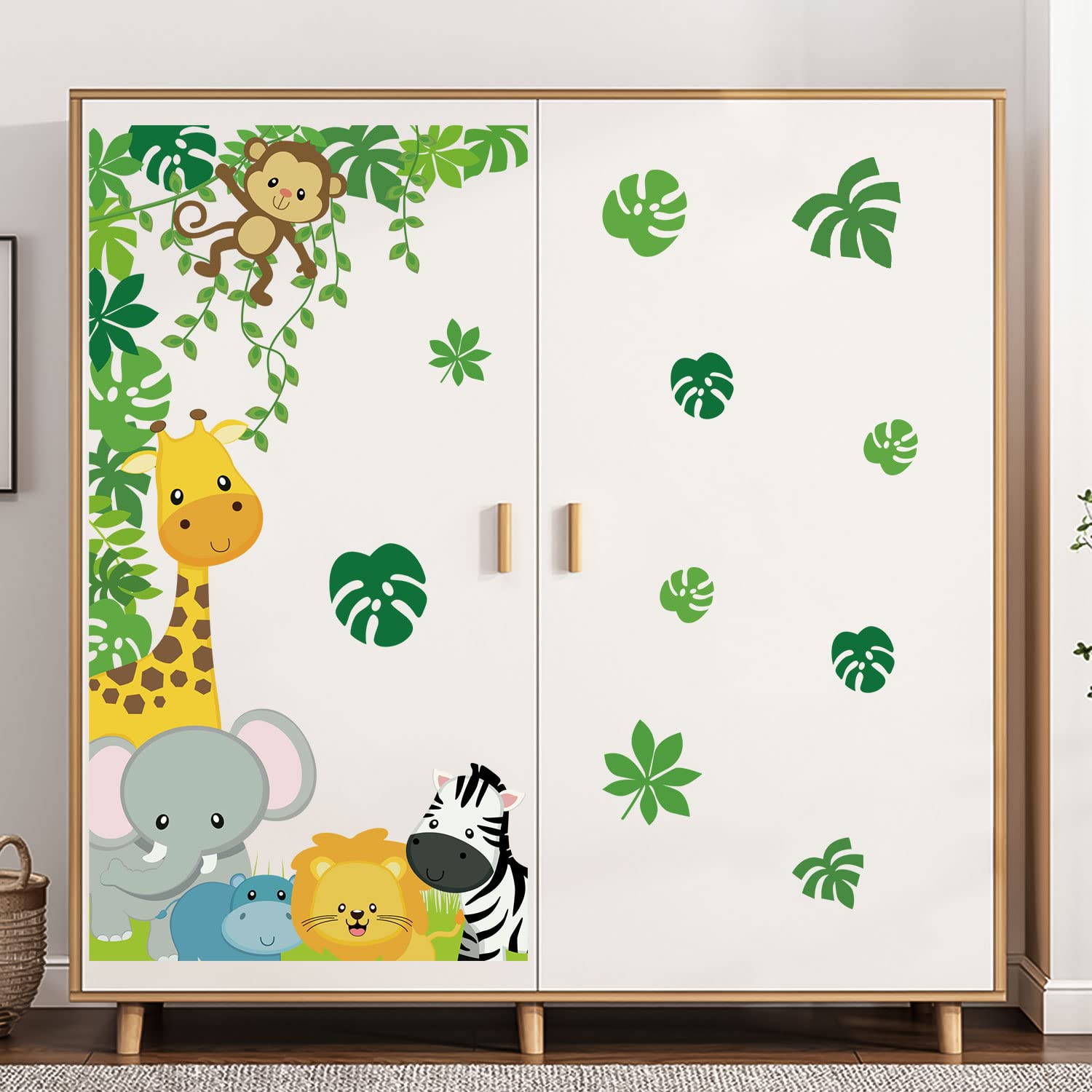 Supzone Jungle Animal Wall Decals Green Palm Leaf Wall Stickers Cartoon Elephant Giraffe Monkey Wall Art Sticker for Kids Baby Nursery Playroom Bedroom Girls Boy Room Wall Decor