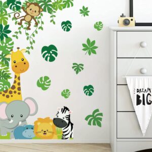 Supzone Jungle Animal Wall Decals Green Palm Leaf Wall Stickers Cartoon Elephant Giraffe Monkey Wall Art Sticker for Kids Baby Nursery Playroom Bedroom Girls Boy Room Wall Decor