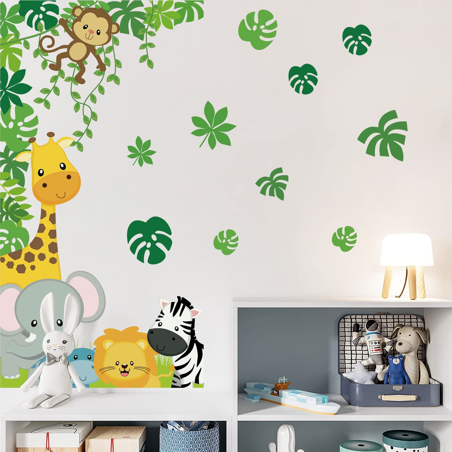 Supzone Jungle Animal Wall Decals Green Palm Leaf Wall Stickers Cartoon Elephant Giraffe Monkey Wall Art Sticker for Kids Baby Nursery Playroom Bedroom Girls Boy Room Wall Decor