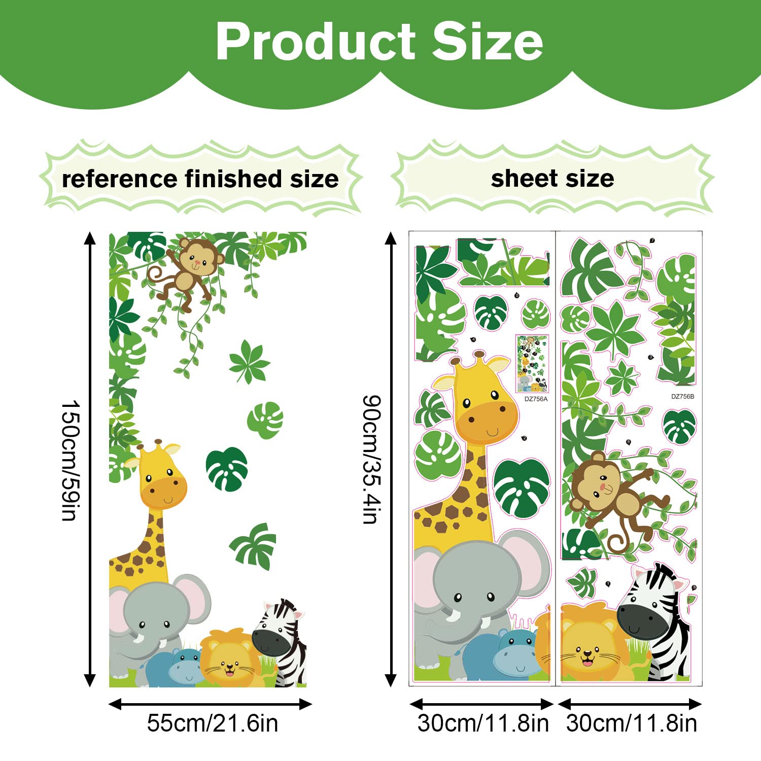 Supzone Jungle Animal Wall Decals Green Palm Leaf Wall Stickers Cartoon Elephant Giraffe Monkey Wall Art Sticker for Kids Baby Nursery Playroom Bedroom Girls Boy Room Wall Decor