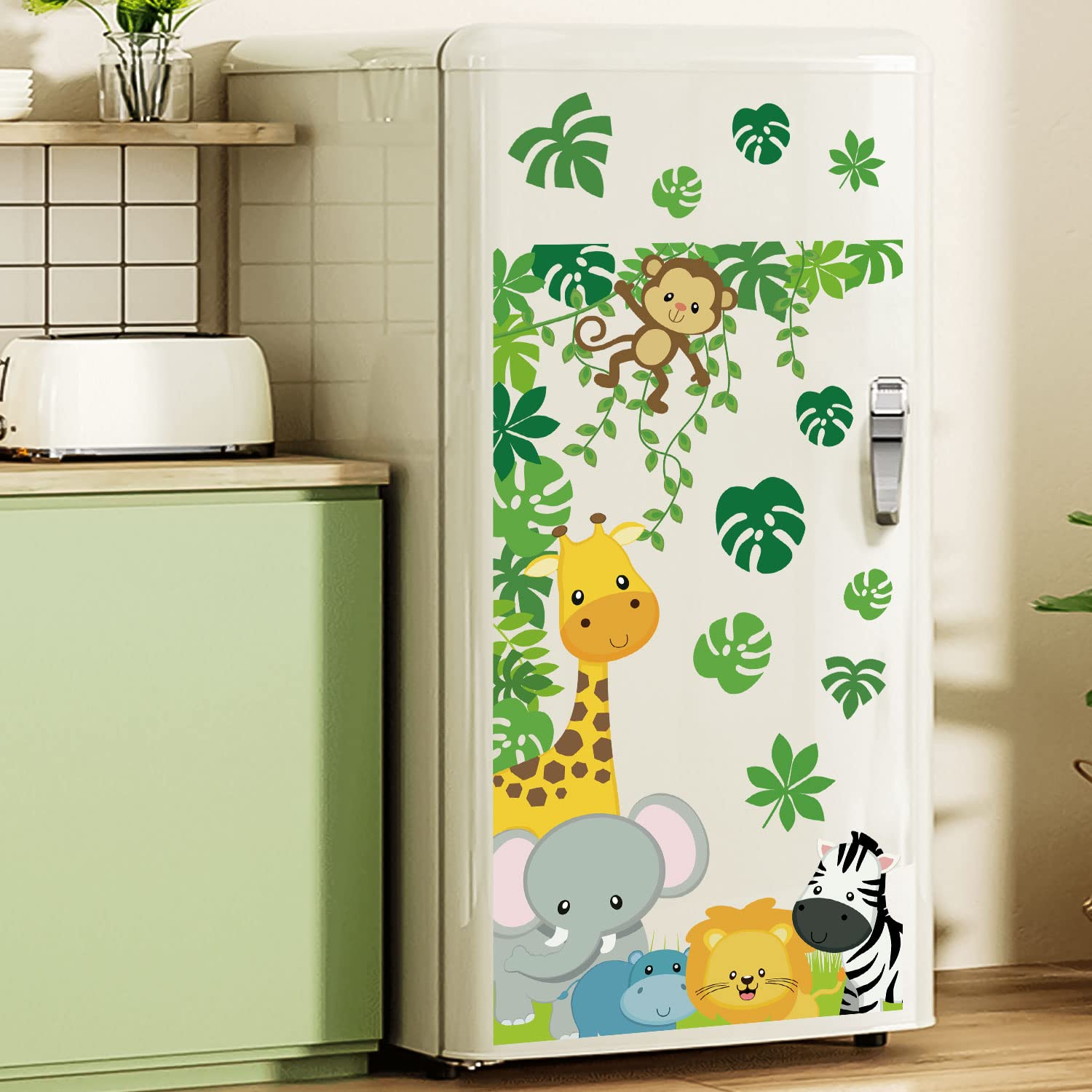 Supzone Jungle Animal Wall Decals Green Palm Leaf Wall Stickers Cartoon Elephant Giraffe Monkey Wall Art Sticker for Kids Baby Nursery Playroom Bedroom Girls Boy Room Wall Decor