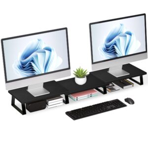 aothia desk dual monitor stand riser - computer stand for desktop monitor, desk shelf for monitor, wood monitor stand with adjustable length and angle, desktop organizer, large monitor stand (black)