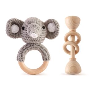 wooden baby rattle crochet elephant and wooden rattle baby toys set 2pcs handmade newborn toy early development grips stuffed animal organic rattle (elephant set)