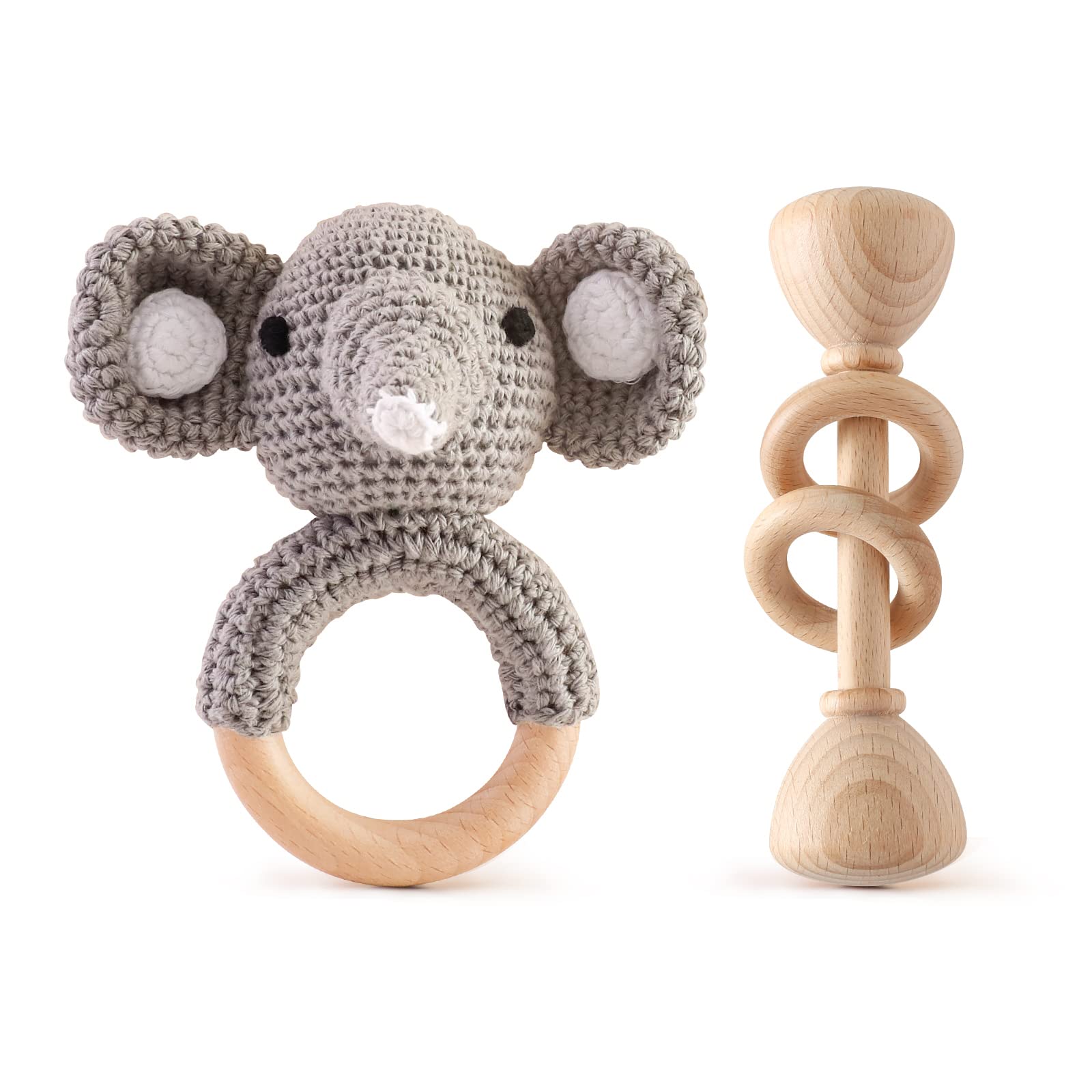 Wooden Baby Rattle Crochet Elephant and Wooden Rattle Baby Toys Set 2pcs Handmade Newborn Toy Early Development Grips Stuffed Animal Organic Rattle (Elephant Set)